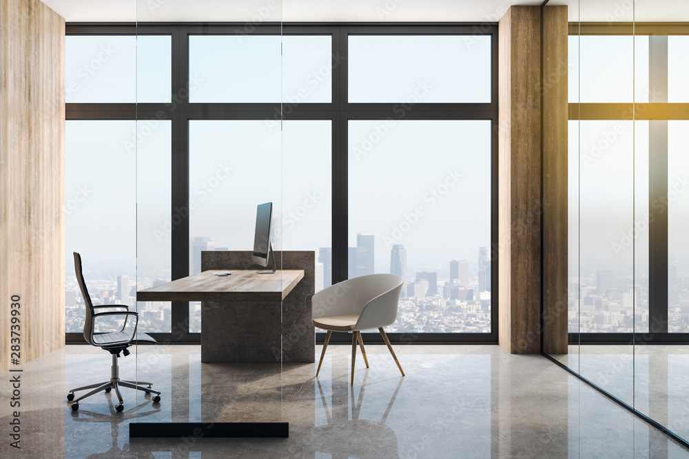 Modern loft style office with big window in skyscraper. Stock Photo ...
