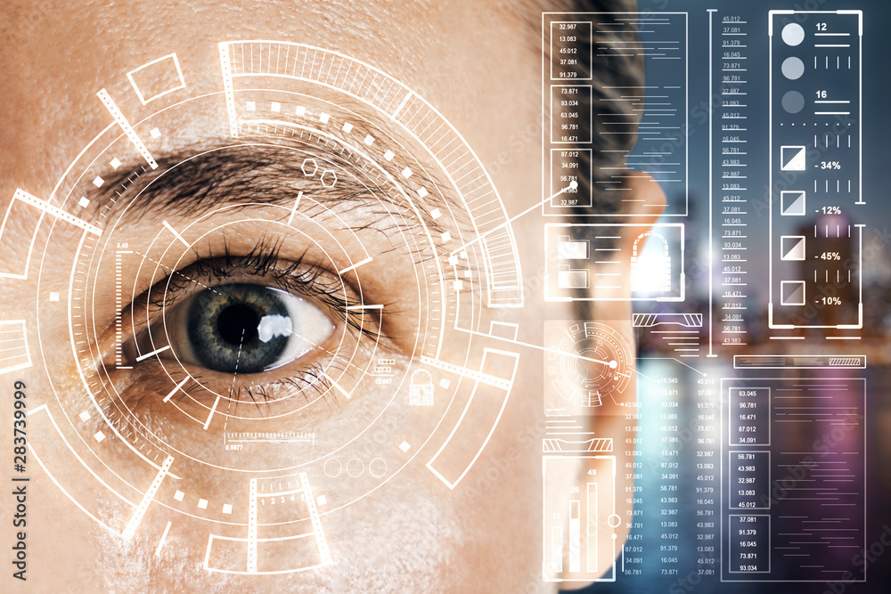 Biometrics and scanning concept with man eye and digital data screen ...
