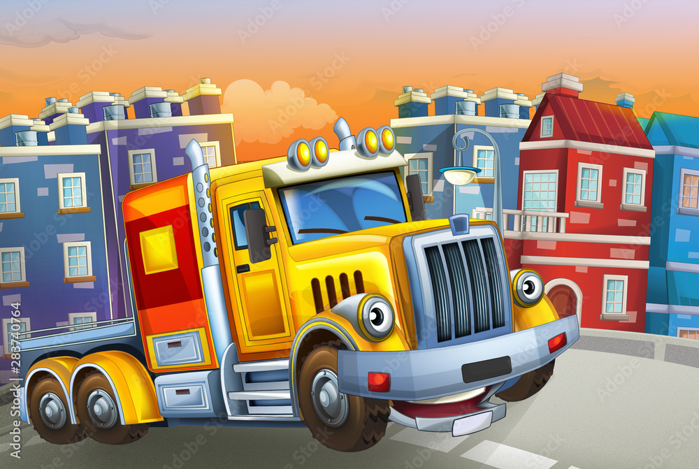 cartoon scene with big truck with truck trailer in the middle of a city ...
