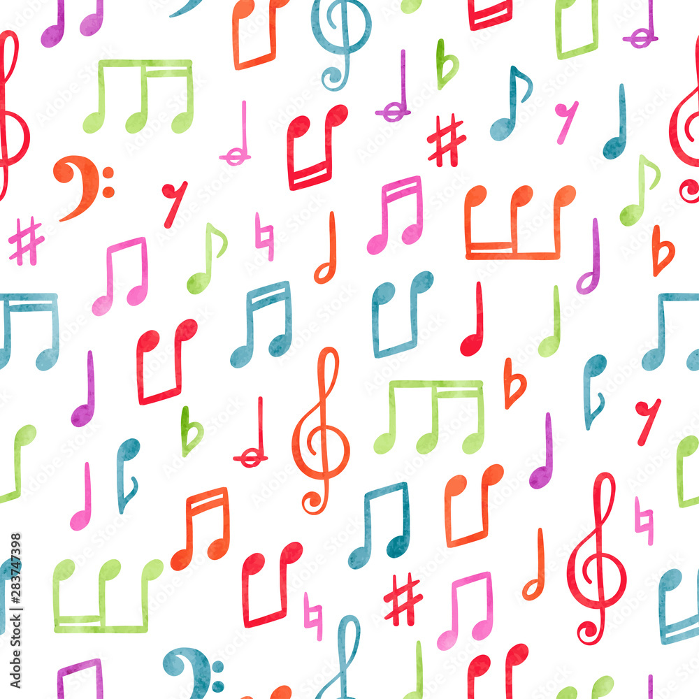 Seamless colorful music notes pattern. Musical watercolor background ...