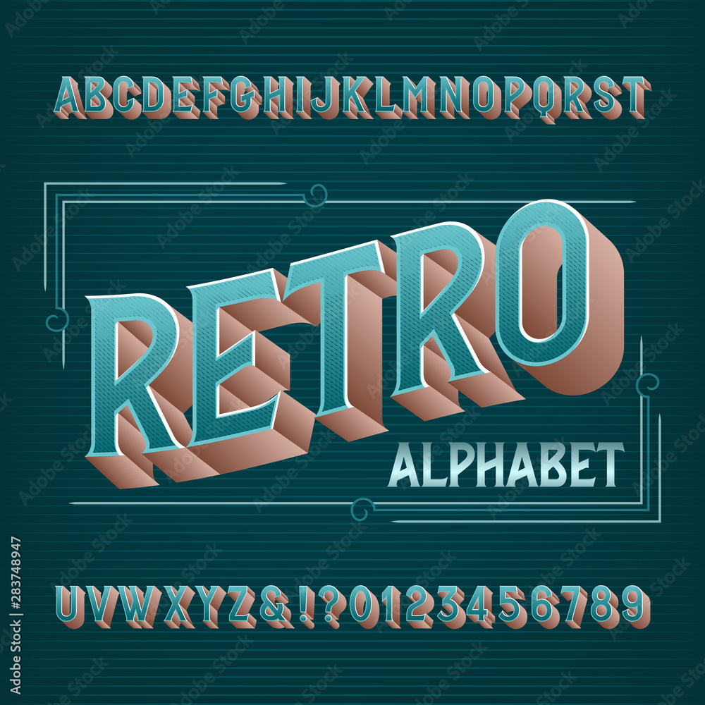 Retro alphabet font. 3D vintage letters and numbers. Vector typeface ...