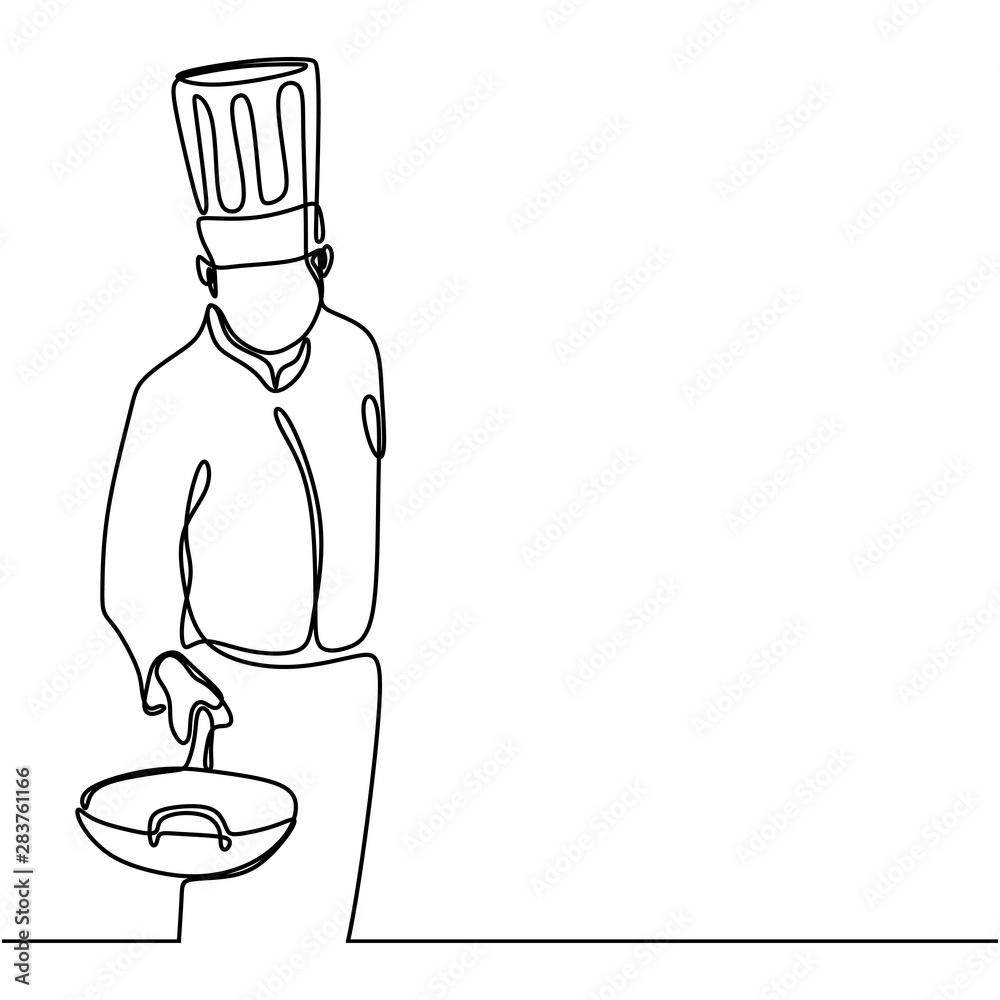 Continuous line drawing chef cooking a food Stock Vector | Adobe Stock