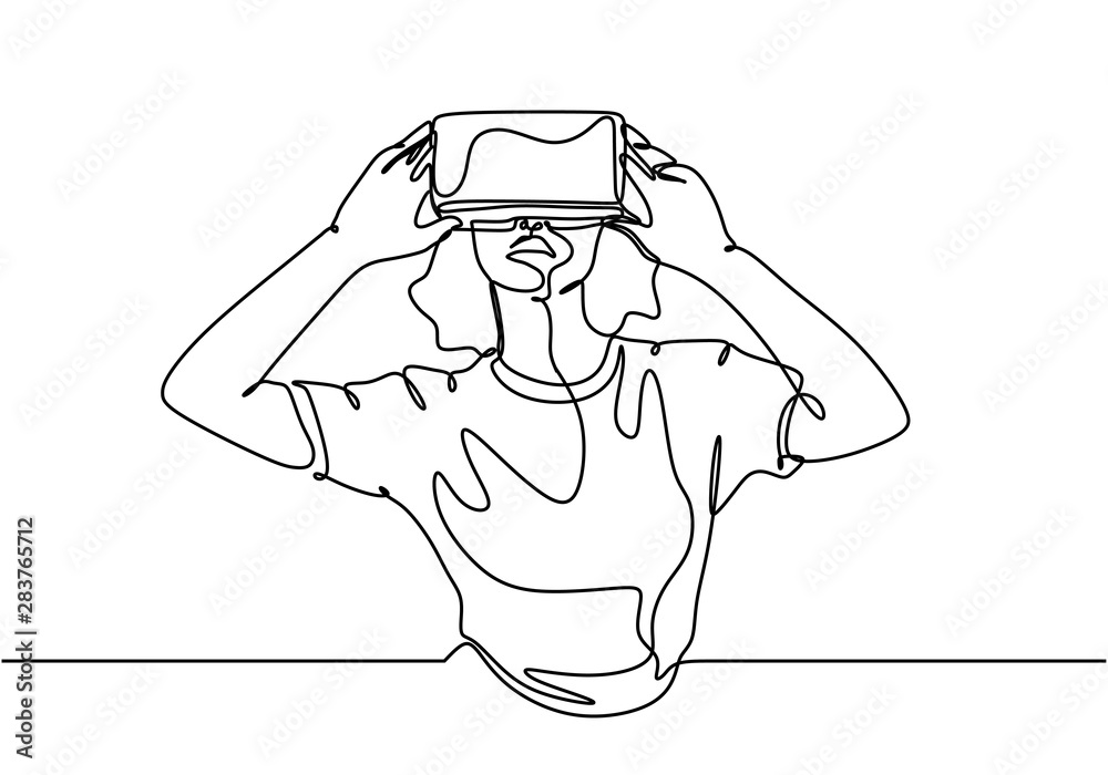 Continuous line drawing woman with virtual reality glasses device ...