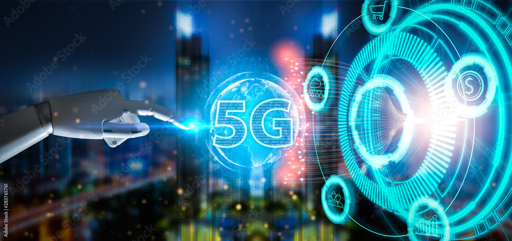 Robot android hand holding icon 5g.5G network digital hologram and ...