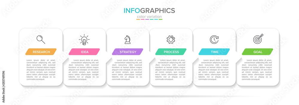 Concept of arrow business model with 6 successive steps. Six colorful ...
