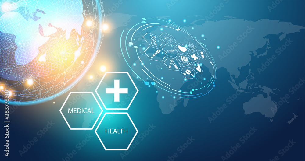 Abstract world health science consist health plus digital technology ...