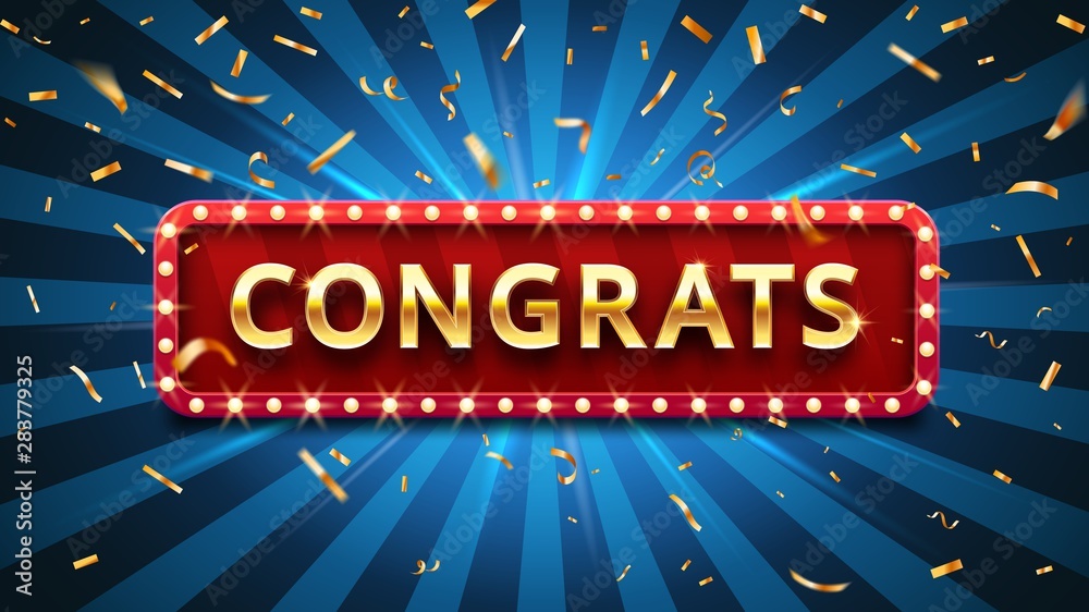 Congrats banner. Winner congratulations, gold confetti and golden ...