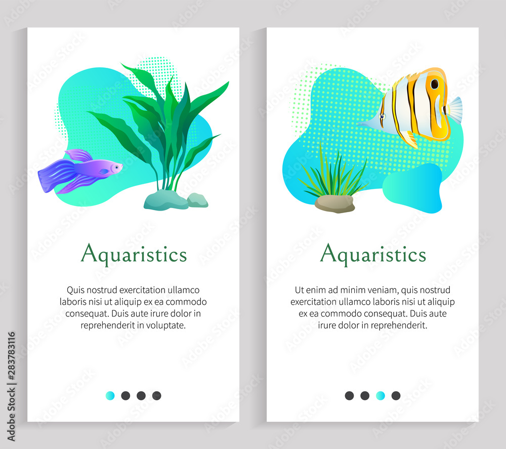 Aquaristics fish swimming in sea water vector, seaweed and plants ...