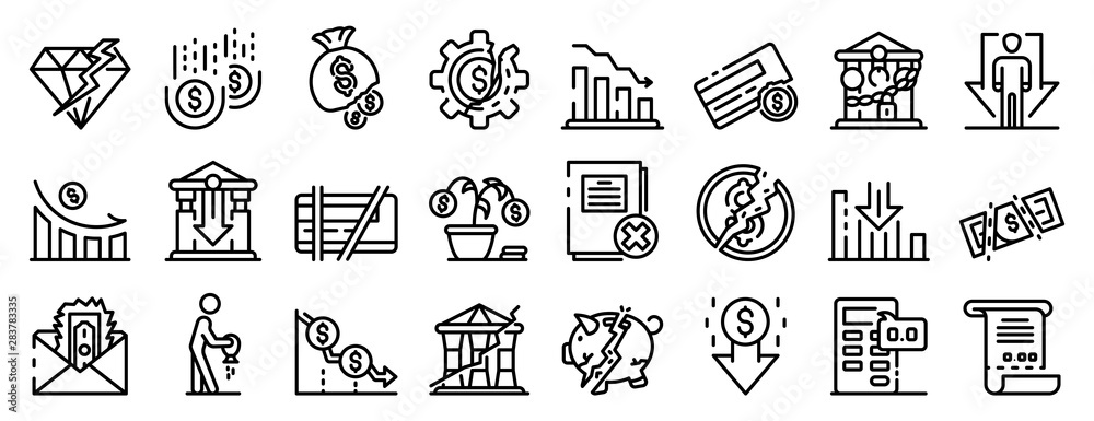 Bankrupt icons set. Outline set of bankrupt vector icons for web design ...