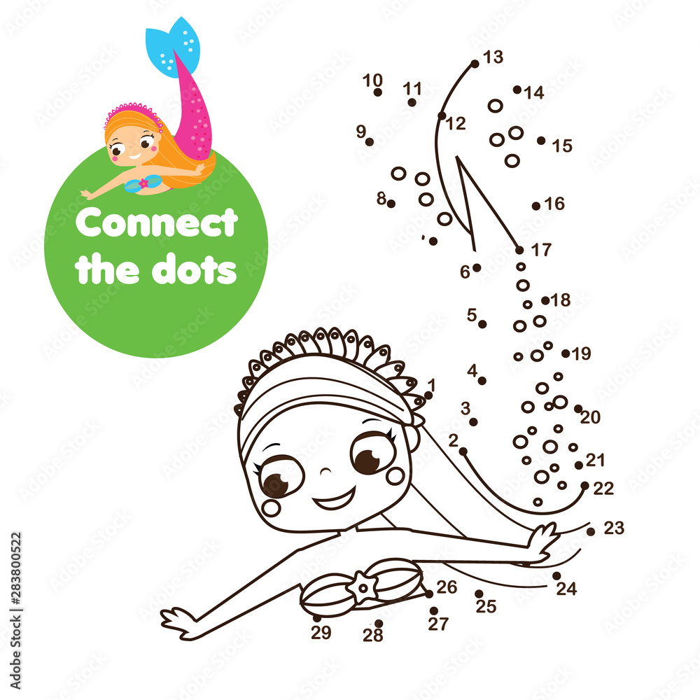 Crtoon mermaid. Connect the dots. Dot to dot by numbers activity for ...