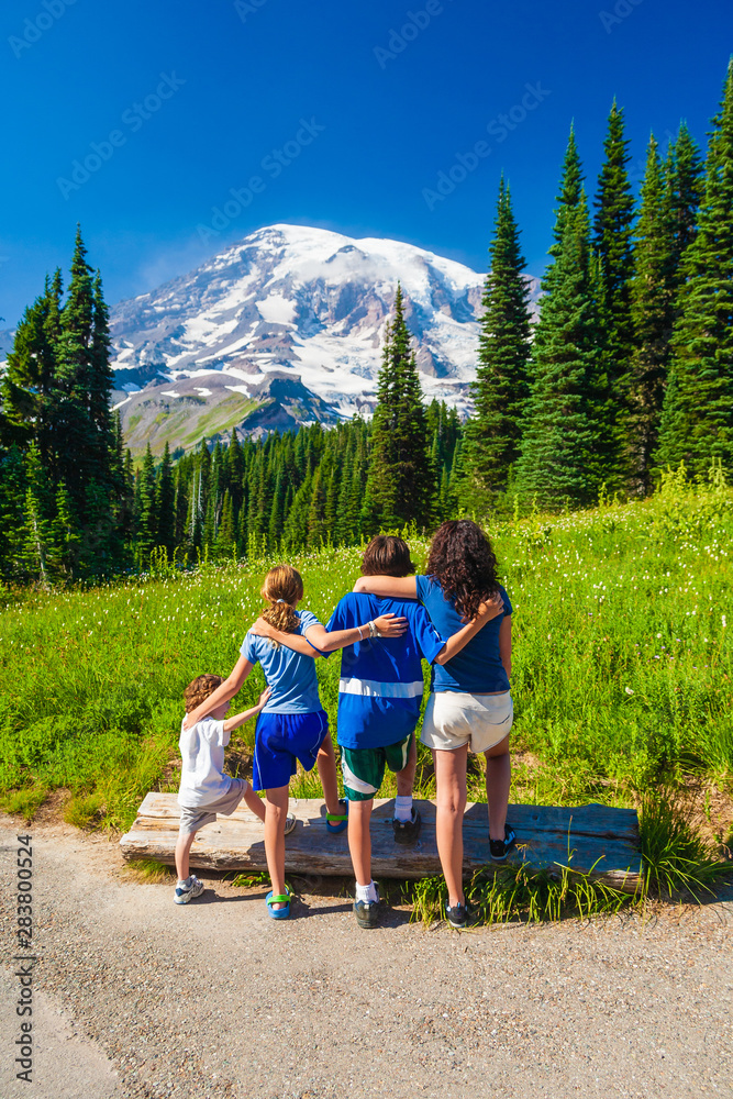 Four sibling children interlocking arms looking off at Mt. Rainier ...