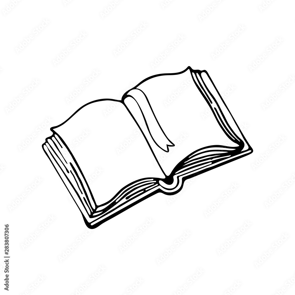 Vector drawing, open book or tutorial in black and white, hand drawing ...