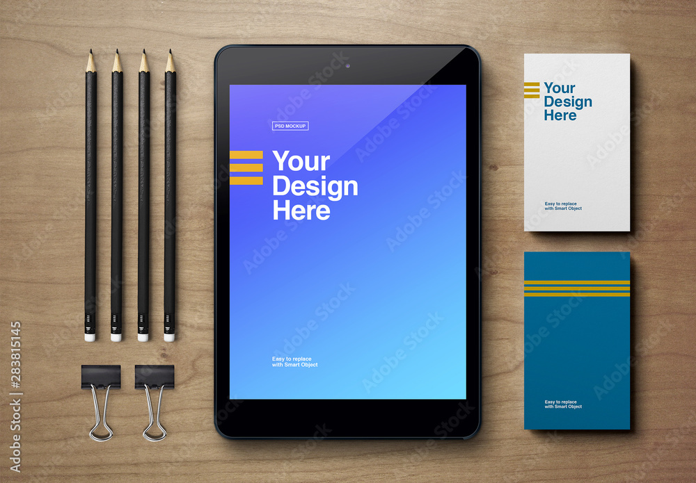 Tablet, Business Card, and Pencils Mockup Stock Template | Adobe Stock