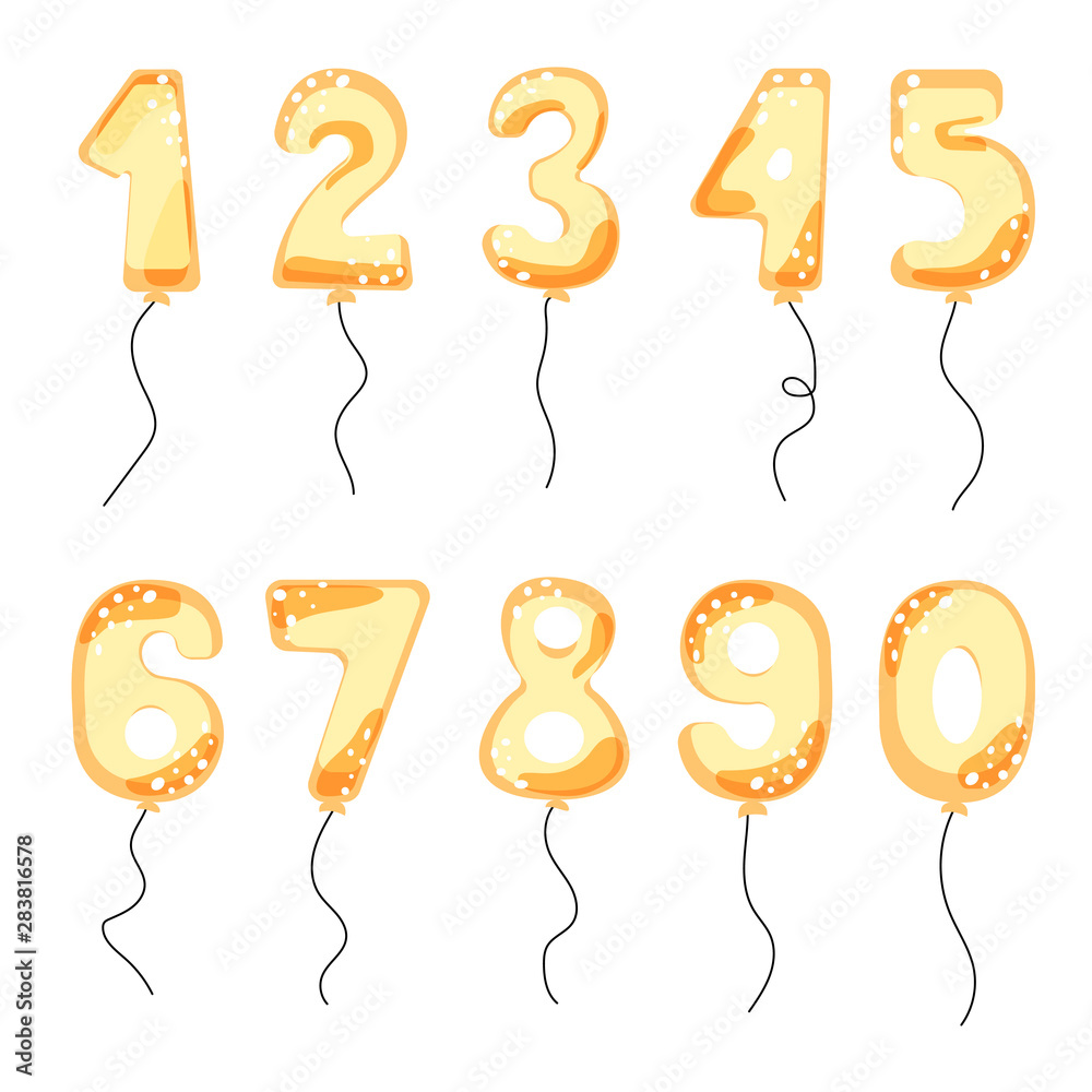 Gold cartoon balloon numbers for birthday party cards. Event ...