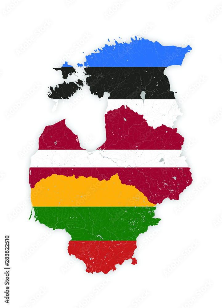 Map of Baltic states with rivers and lakes in colors of the national ...