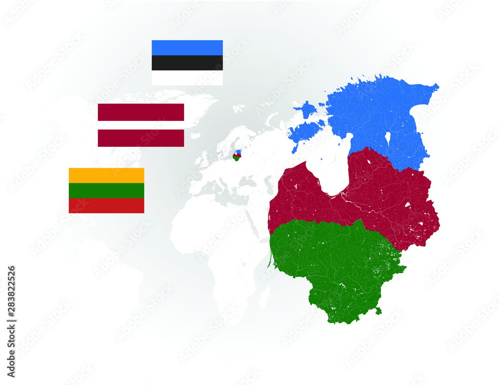 Poster Map of Baltic states with rivers and lakes, national flags of ...