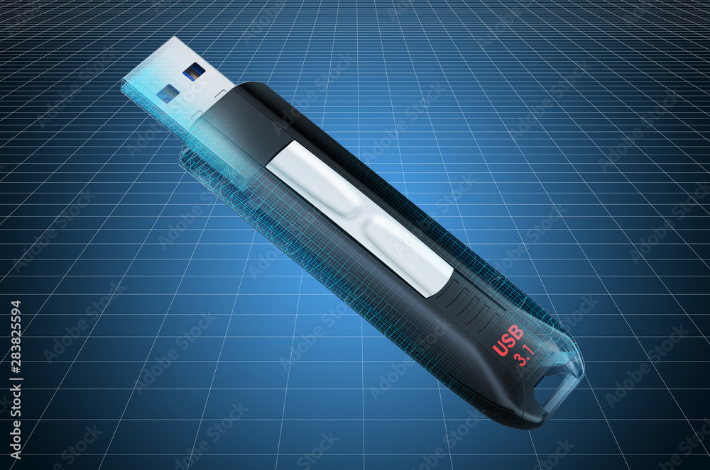 Visualization 3d cad model of USB flash drive, blueprint. 3D rendering ...