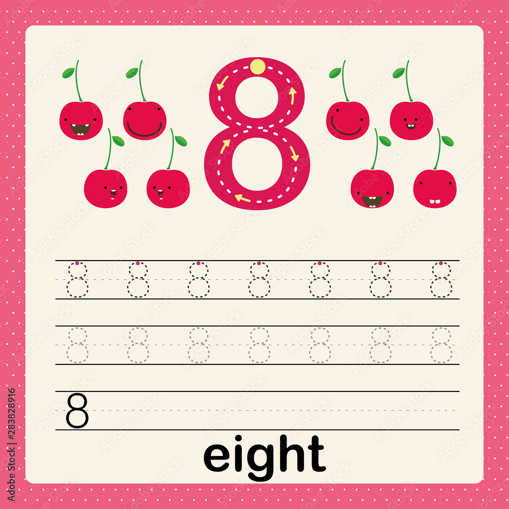Number 8, card for kids learning to count and to write, worksheet for ...