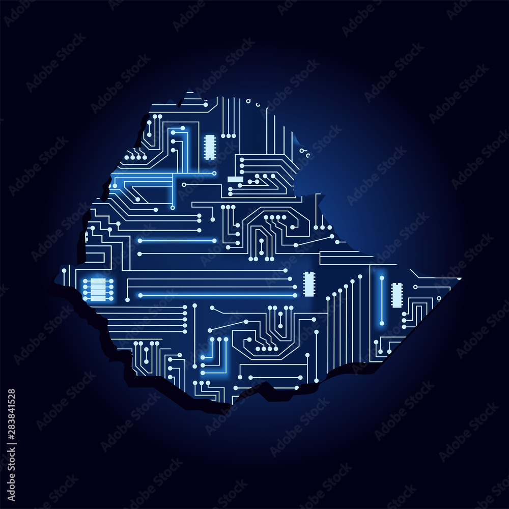 Contour map of Ethiopia with a technological electronics circuit ...