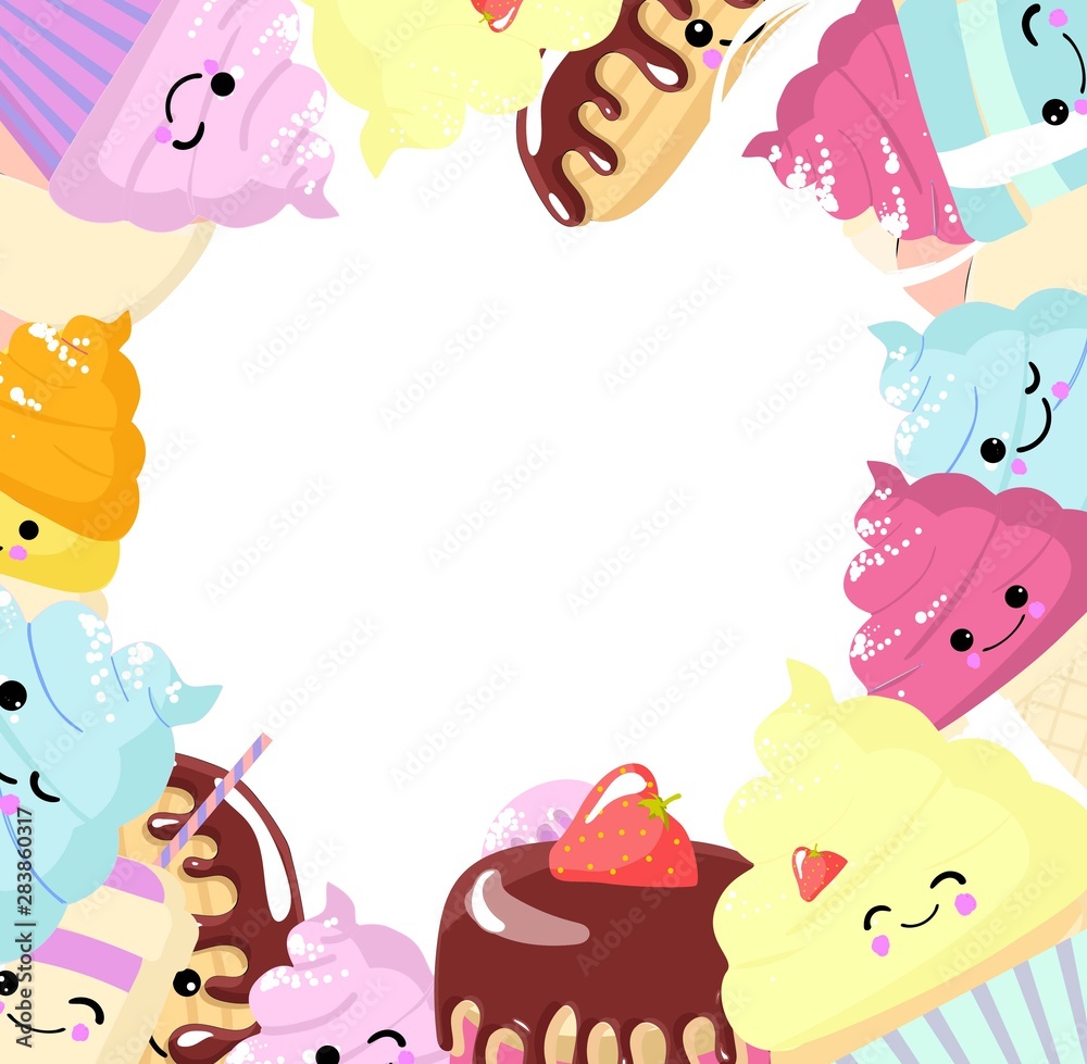 Set of kawaii food - sweets or desserts on white background, cute ...