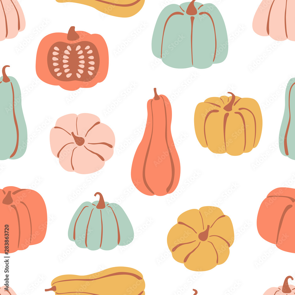 Seamless pattern with hand drawn cute pumpkin in cartoon style. Flat ...