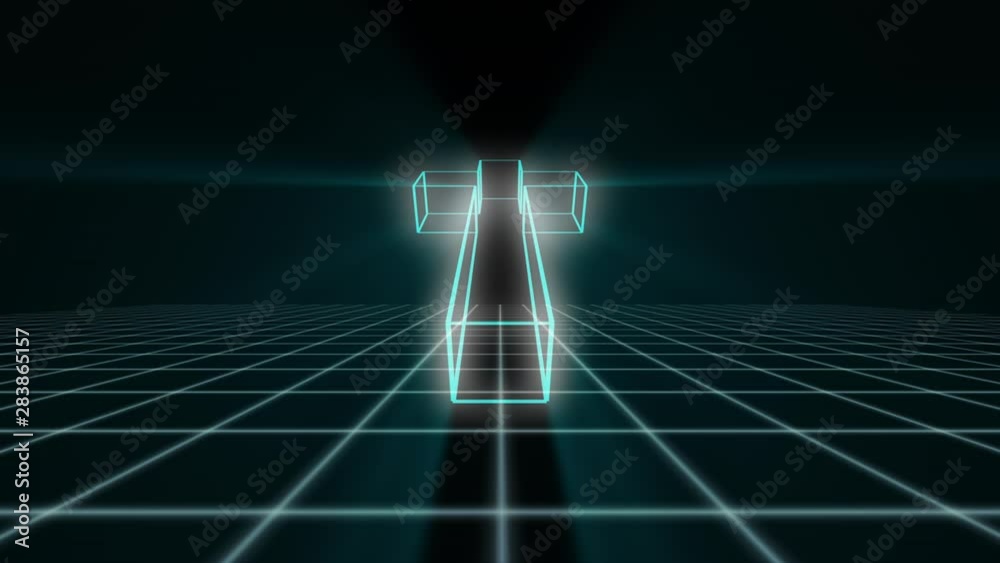 Synthwave Retro Glowing 3D Cross in Cyan Wireframe Swinging Down Looped ...