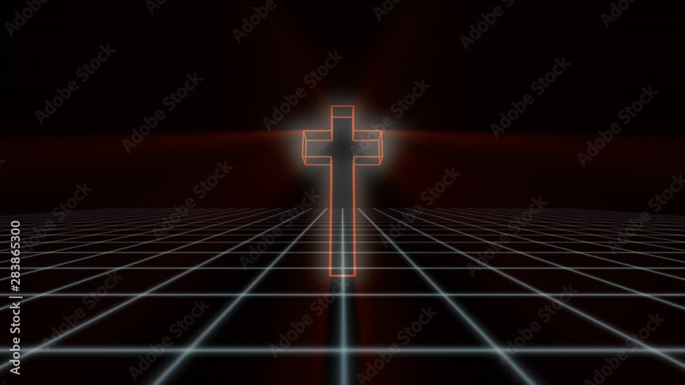Synthwave Retro Glowing 3D Cross in Red Wireframe Standing Upright ...