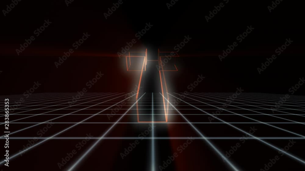 Synthwave Retro Glowing 3D Cross in Red Wireframe Standing Angled ...