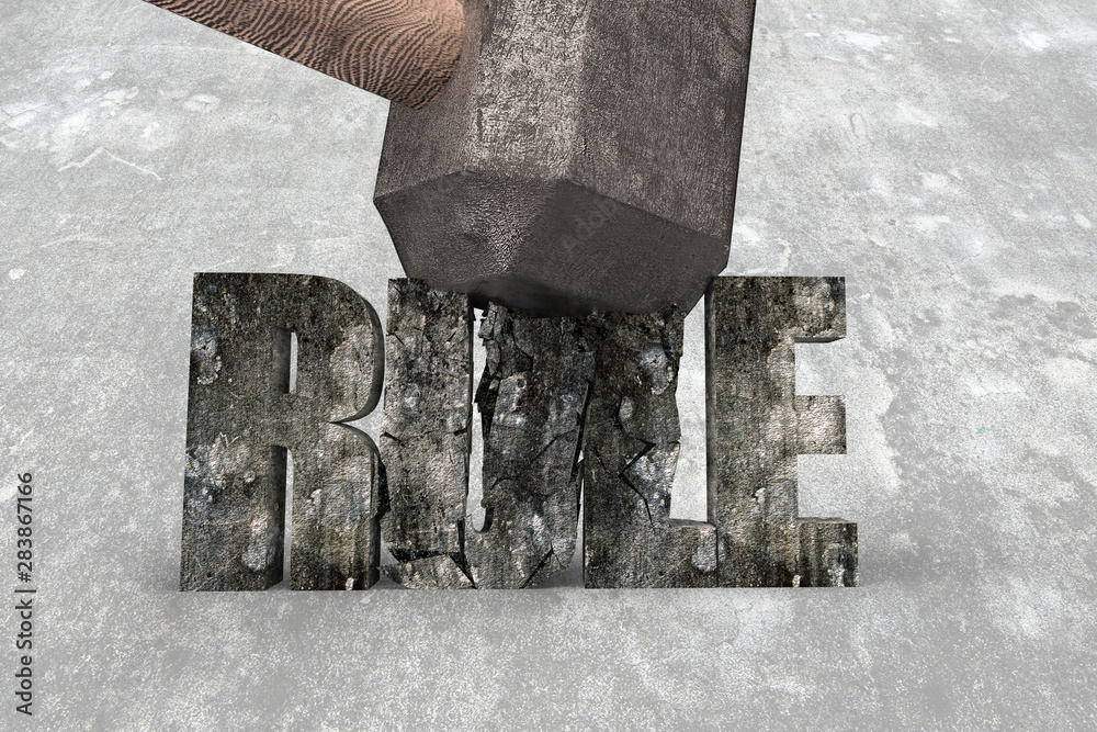 Sledgehammer hitting RULE 3d concrete word cracked on concrete floor ...