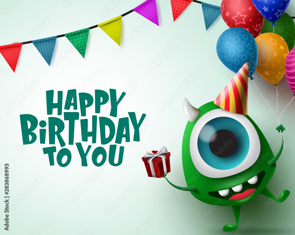Happy birthday greeting card with monster character vector background ...