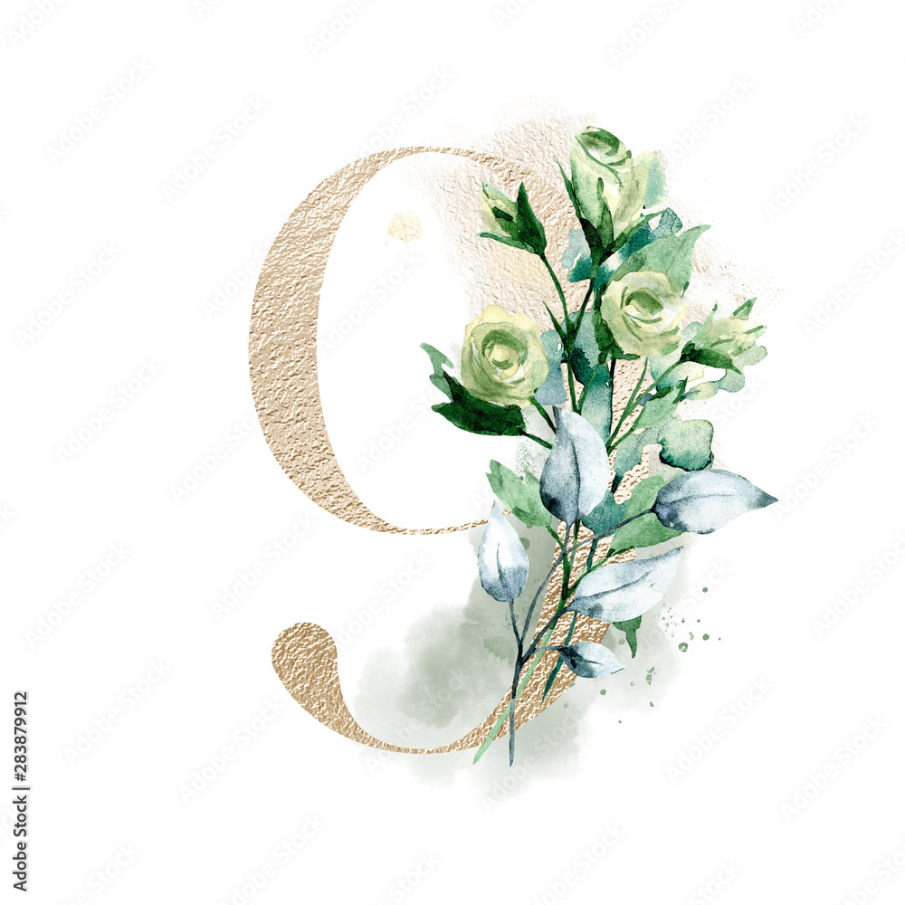 Number 9 gold with watercolor leaves and flowers. Perfectly for wedding invitation, greeting ...