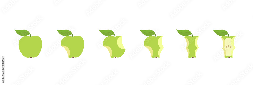 Green apple fruit bite stage set. From whole to apple core. Bitten and ...