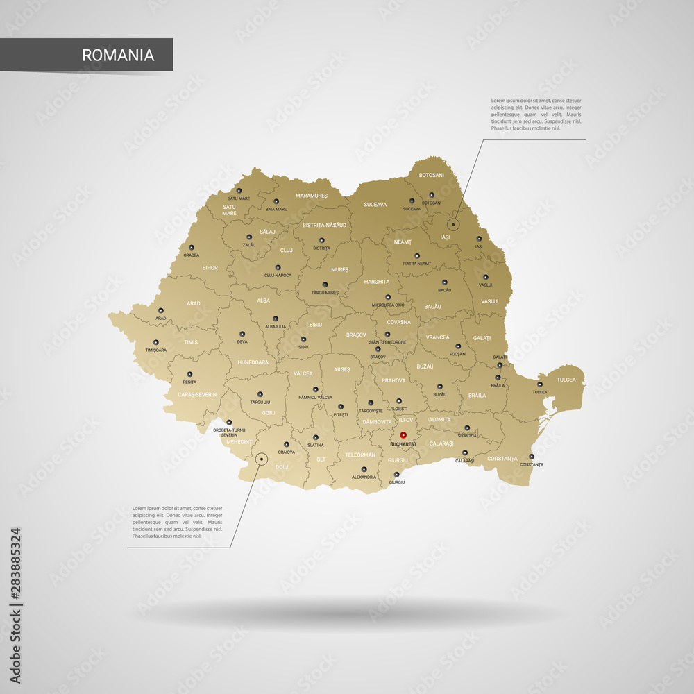 Stylized vector Romania map. Infographic 3d gold map illustration with ...