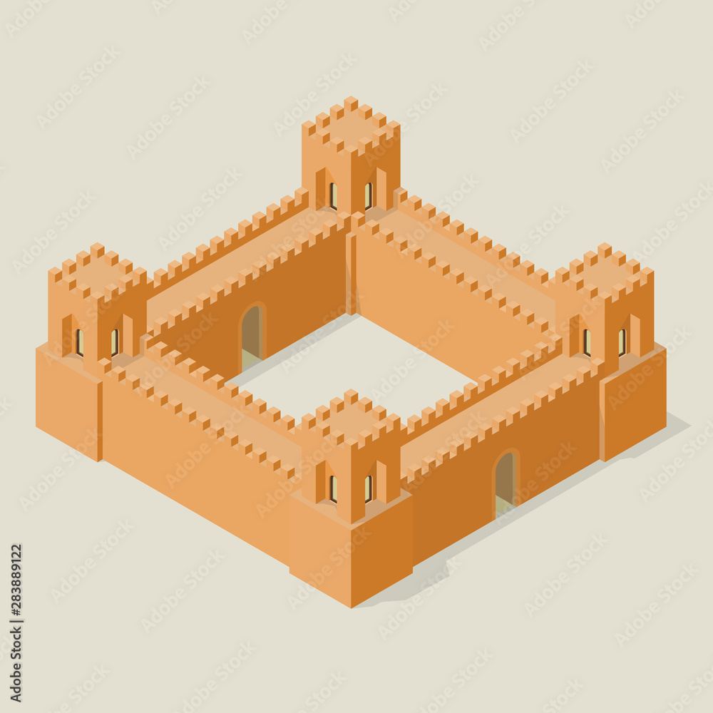 Isometric fortress with towers and walls. Fortifications in the antique ...