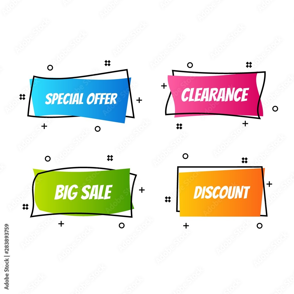 Flat linear promotion ribbon banner, scroll, price tag, sticker, badge ...