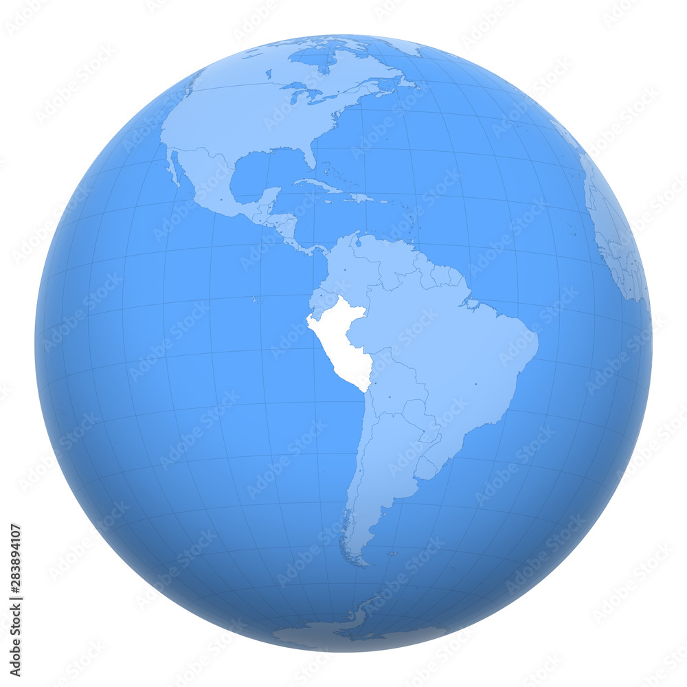 Peru on the globe. Earth centered at the location of the Republic of ...