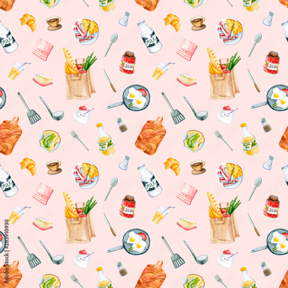 Seamless pattern with paper bag, products, cutting board, cutlery ...