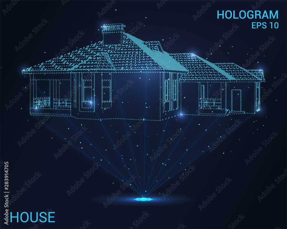 Hologram house. Holographic projection of the cottage. Flickering ...
