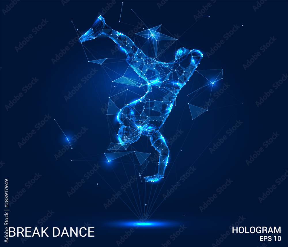 Hologram break dance. The dancer stands on his hands of polygons ...