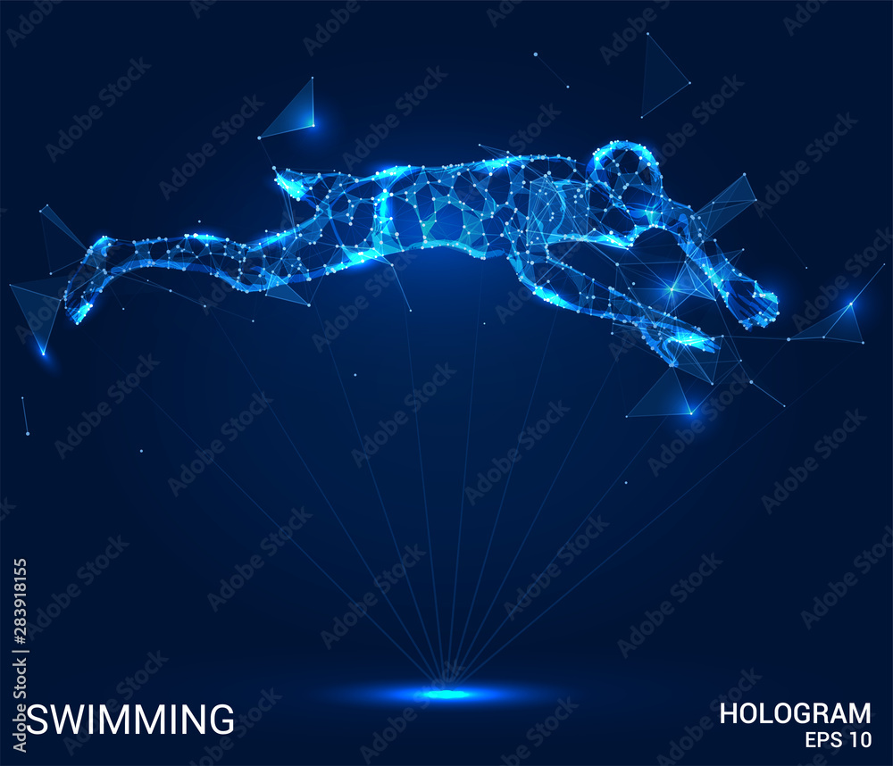Hologram swimming. Swimmer of polygons, triangles of points and lines ...