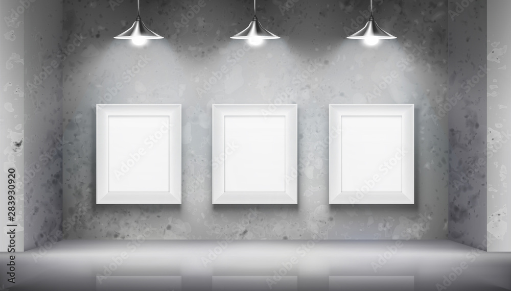 Hanging empty frames in art gallery. Empty space for exhibition. Vector ...