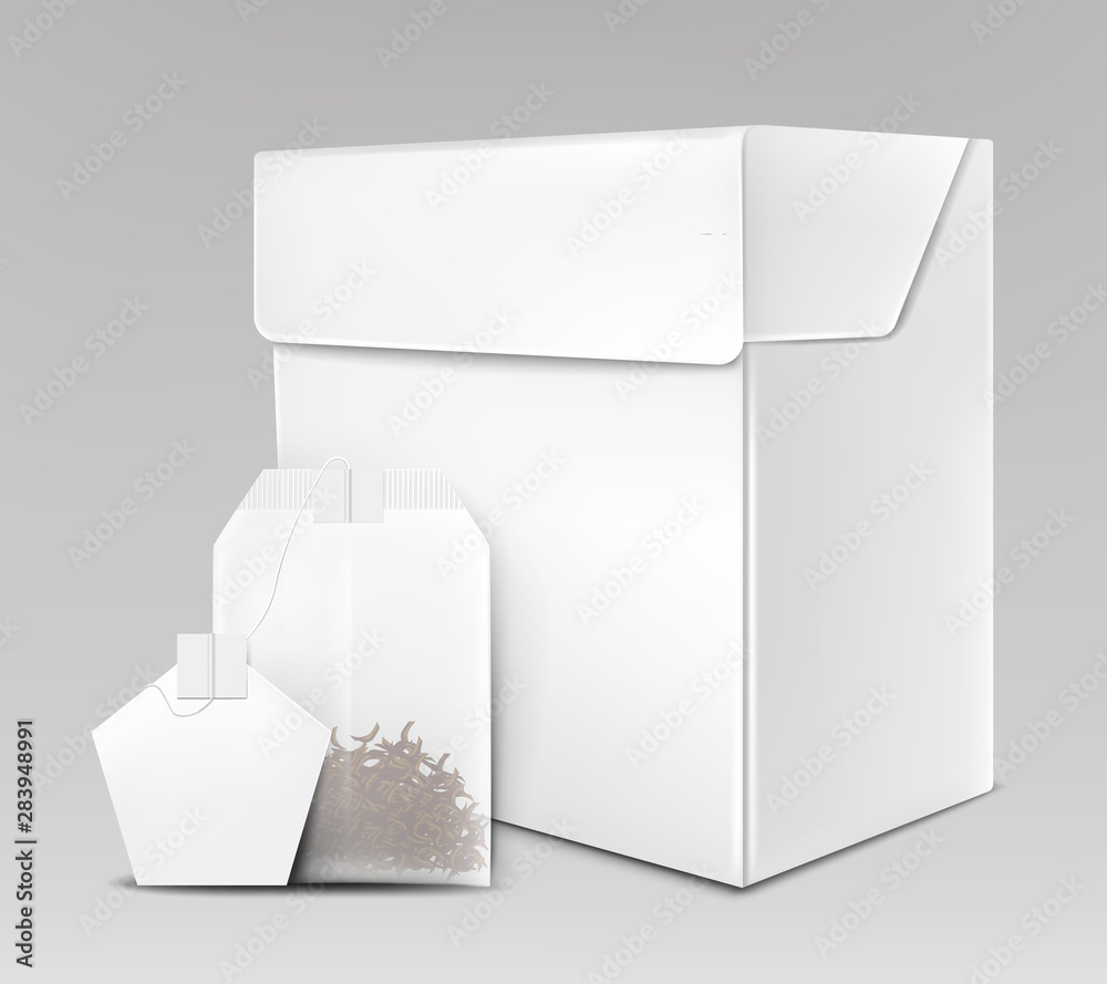 Black, green or herbal tea packaging mock-up with dried leaves inside ...