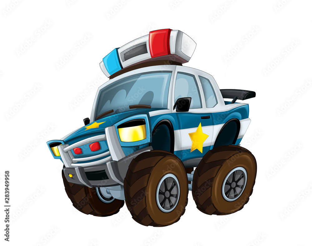 Cartoon police car like monster truck on white background ...