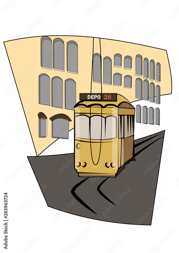 tram, city, road, forward, yellow, path, drawing, rail, view, beautiful ...