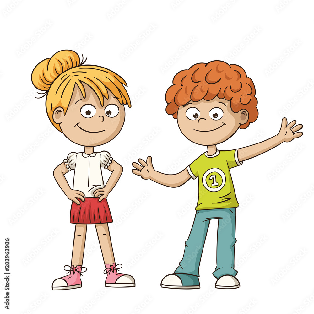 Two smiling cartoon kids. Hand drawn vector illustration. Each on a ...