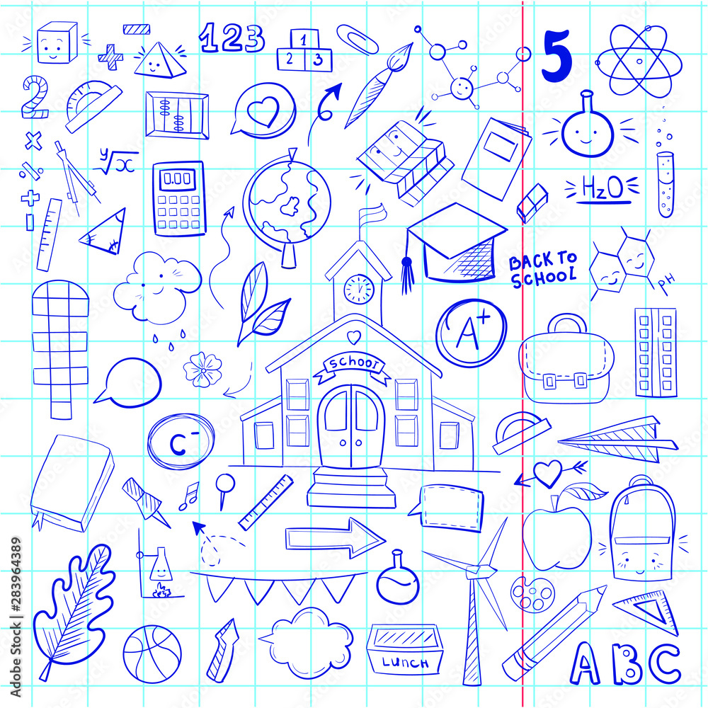 Vector school supplies, doodle hand drawn blue repeatable graphic ...