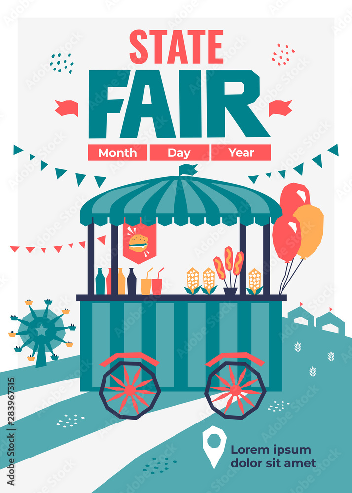 Vector detail illustration of State Fair. Event poster with food market ...