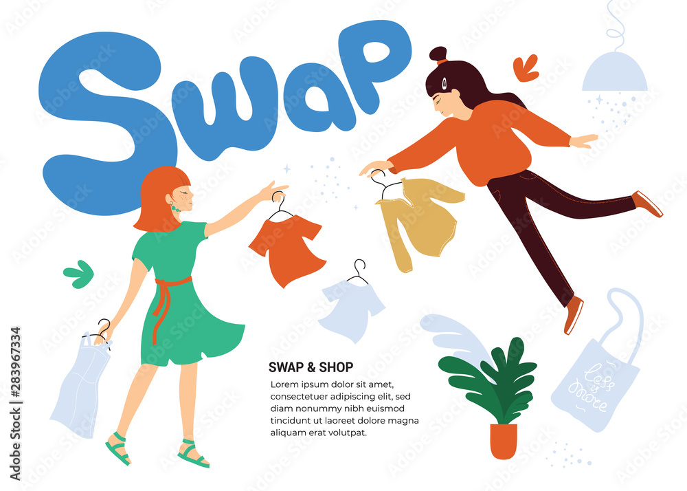 Vector illustration about swap and shop, event of exchange old wardrobe ...