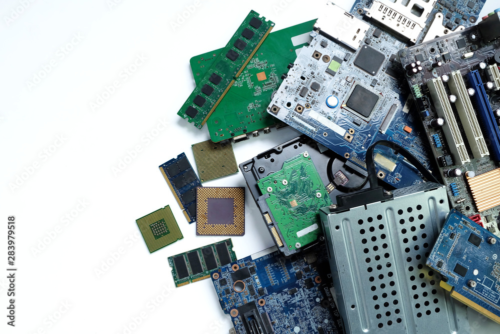 Pile of electronic waste, Motherboard computer and cpu microchips ...