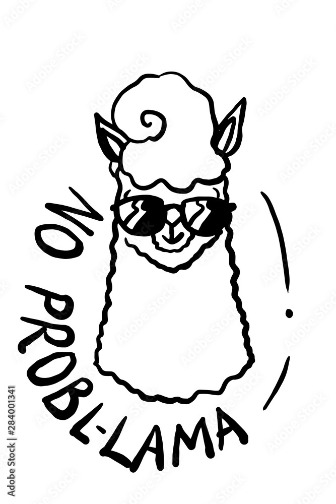Cute Kawaii Lama Characters Illustration Drawing Head And Cool Sunglasses Black White Colors And